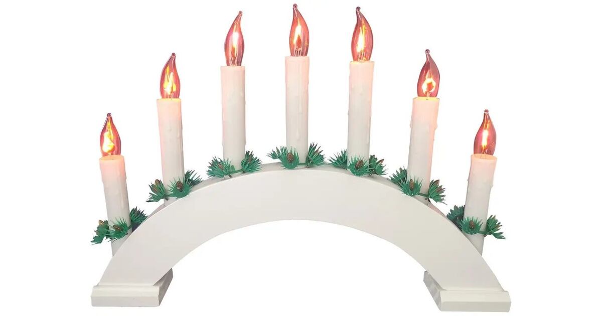 svícen vánoční dřevěný 230V, 7 svíček PLAMEN, oblouk, bílý, 791879 ...